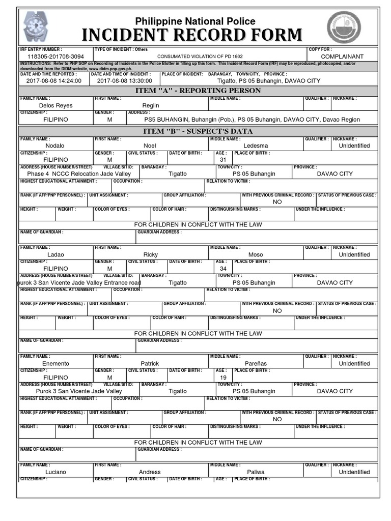 Philippine National Police: Item "A" - Reporting Person | PDF ...