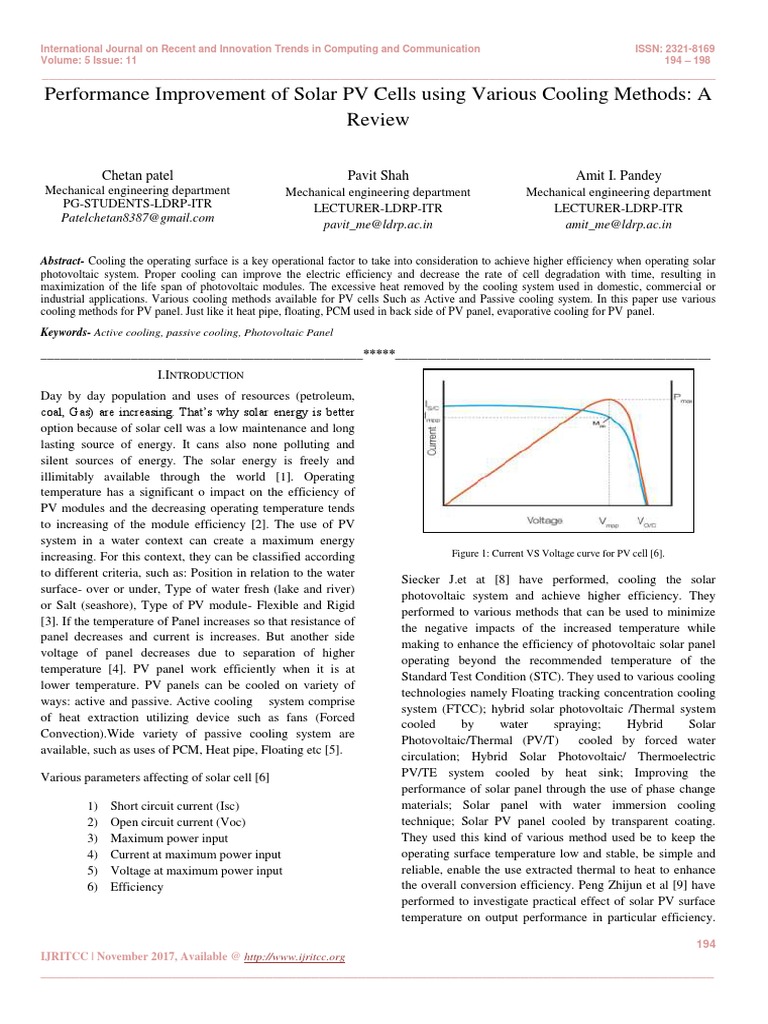 Performance Improvement Of Solar Pv Cells Using Various Cooling Methods