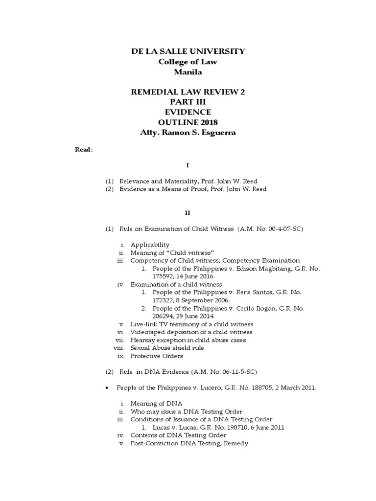 Atty. Esguerra - Evidence Outline 2018 P3 | PDF | Witness Impeachment ...