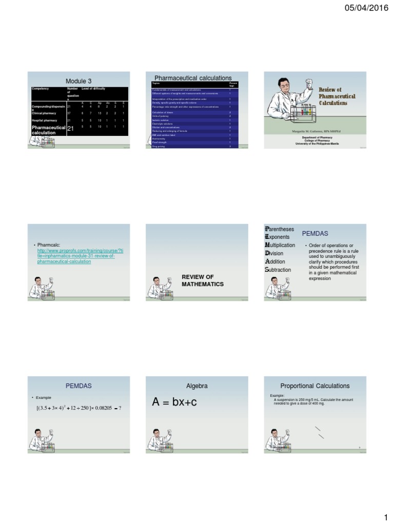 Review of Pharm Calc Edited 2016 | PDF | Dose (Biochemistry) | Chemistry