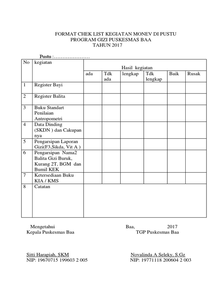 Format Chek List Kegiatan Monev Di Pustu | PDF