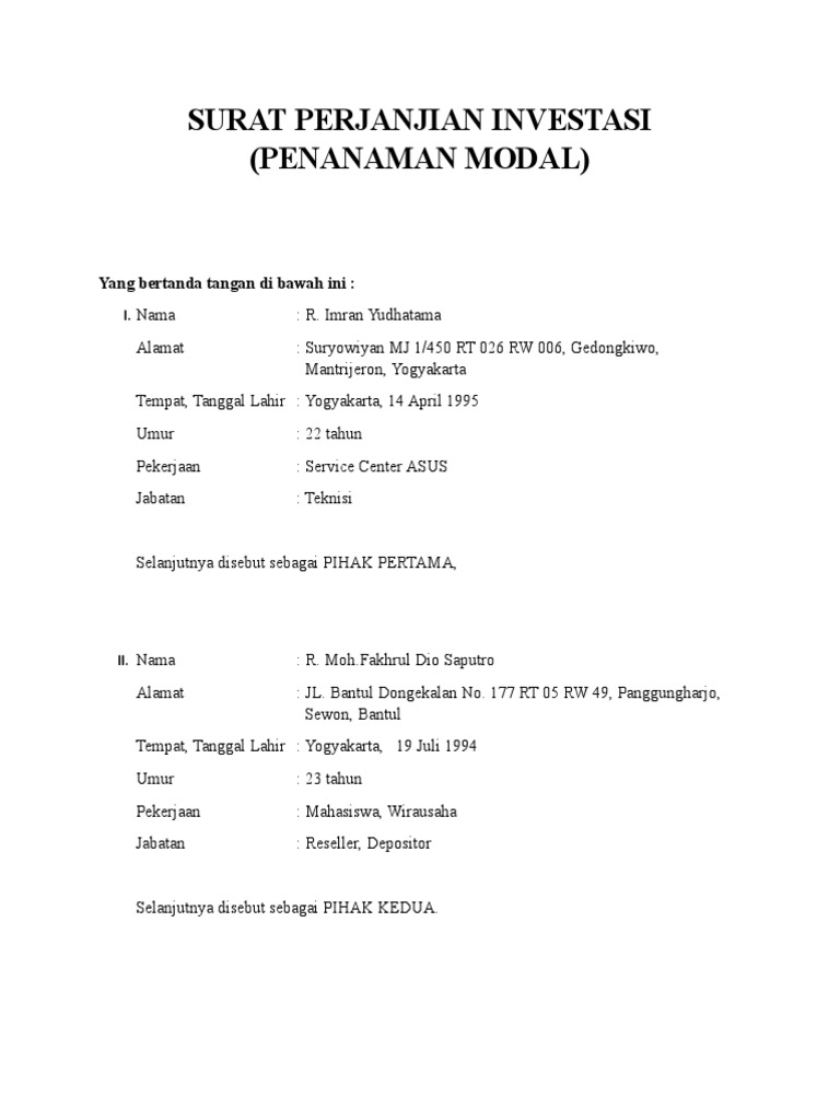 Contoh Surat Perjanjian Penanaman Modal Usaha Delinewstv