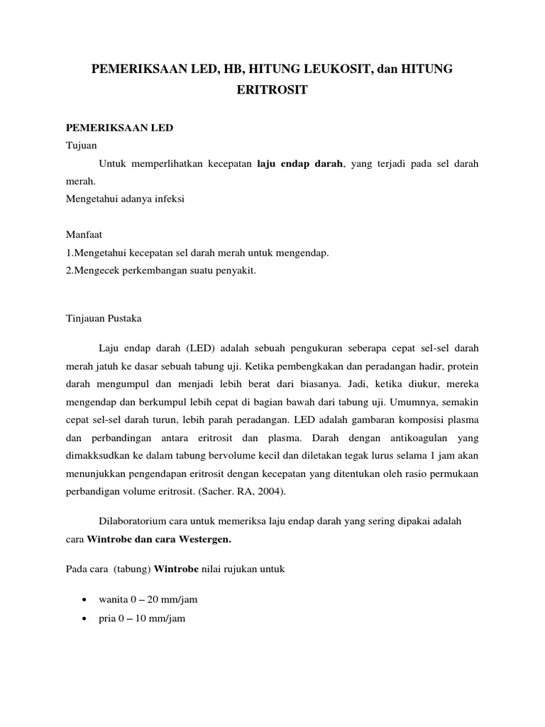 Pemeriksaan Led, Eritrosit Dan Leukosit | PDF Pemeriksaan Led, Eritrosit Dan Leukosit | PDF