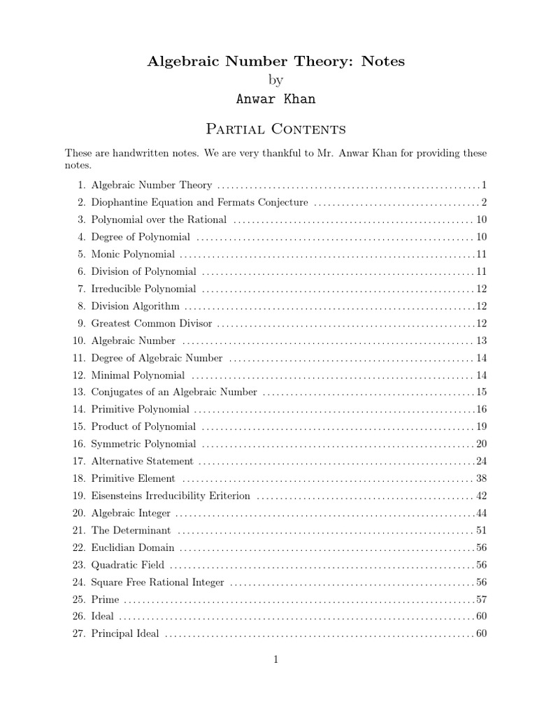 Algebraic Number Theory Notes Anwar Khan PDF | PDF | Mathematical ...