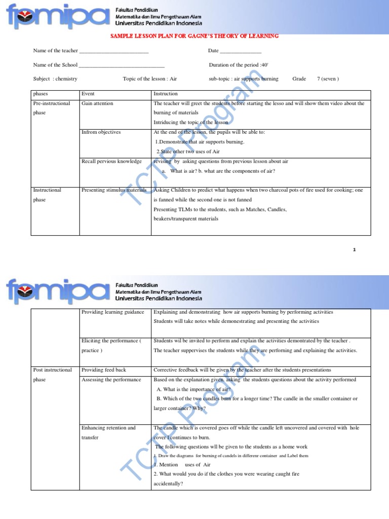 Lesson Plan Gagne Nin Step Events | PDF | Lesson Plan | Action (Philosophy)