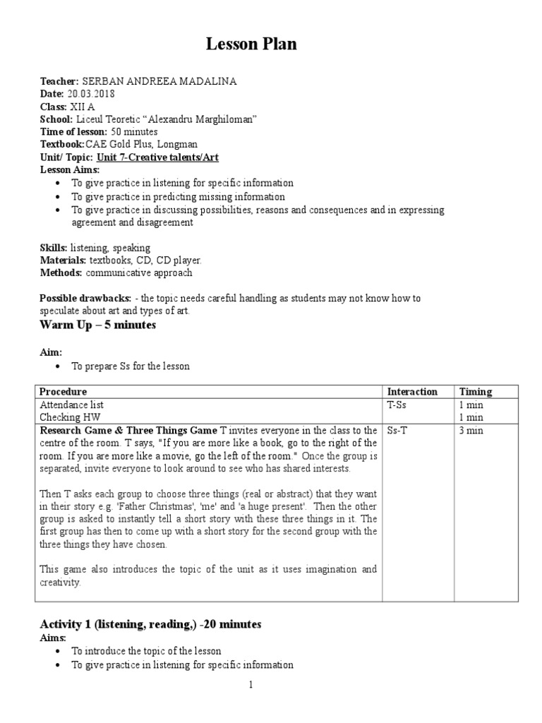Lesson Plan: Warm Up - 5 Minutes | PDF | Lesson Plan