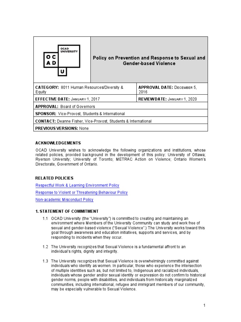 Sexual Violence Prevention Policy OCAD | PDF | Sexual Assault ...