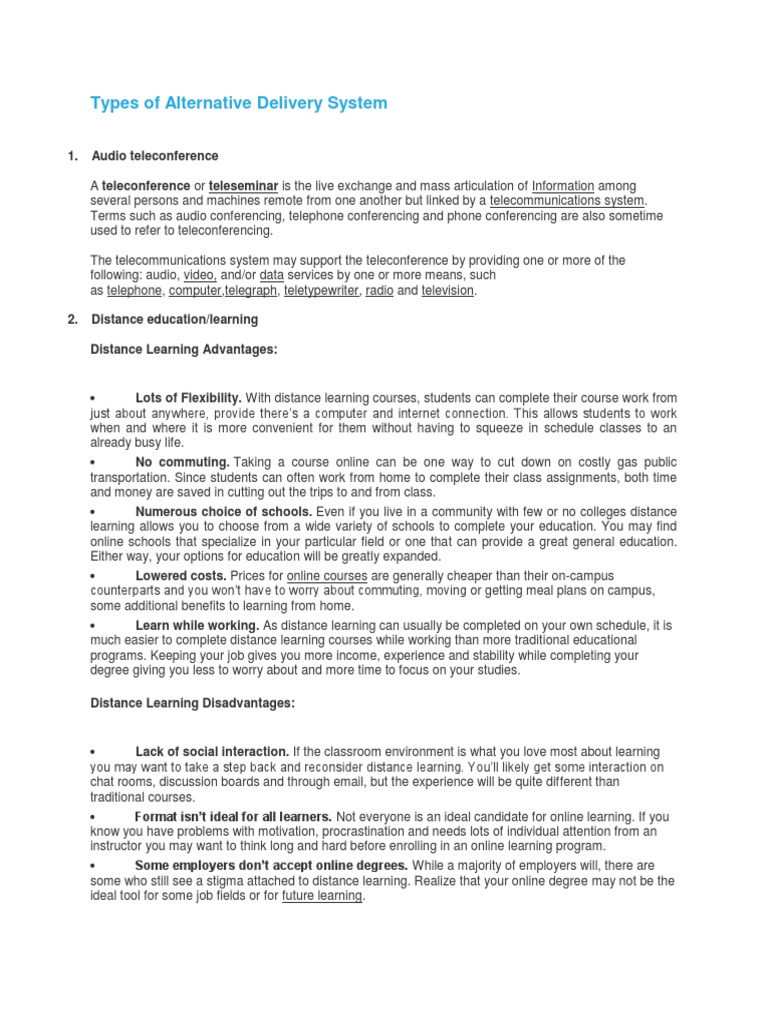 Types of Alternative Delivery System | PDF | Distance Education | Internet