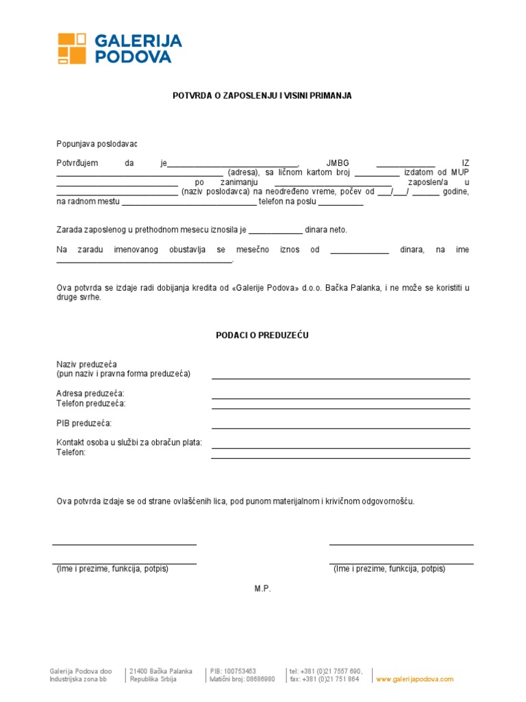 Galerija Podova Potvrda o Zaposlenju I Visini Primanja 20160125 SR | PDF