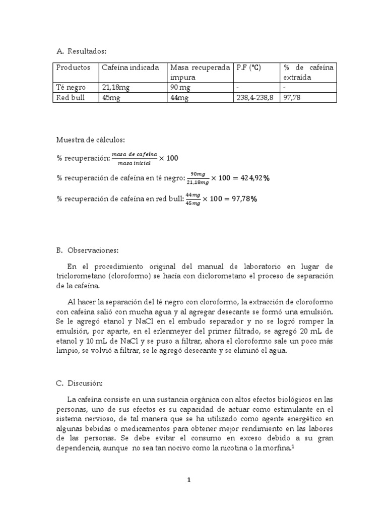 Informe Extraccion De Cafeina Pdf Cloroformo Cafeína