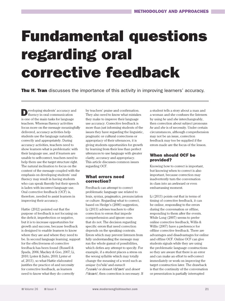 Fundamental Quesions Regarding Oral Corrective Feedback | PDF | Second ...