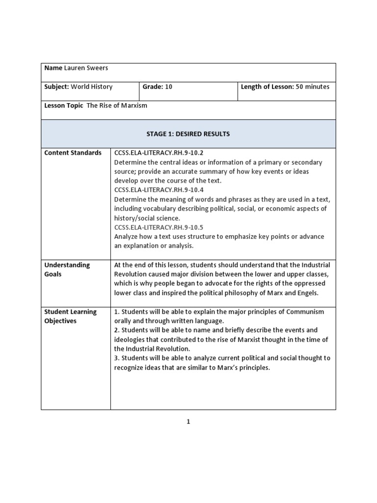 Lesson Plan 1 - Communist Manifesto | PDF | The Communist Manifesto ...