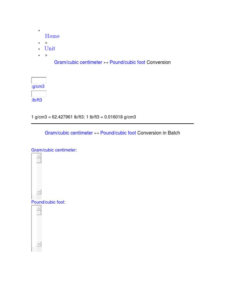 Home Unit: Gram/cubic Centimeter Pound/cubic Foot | PDF | Parts Per ...