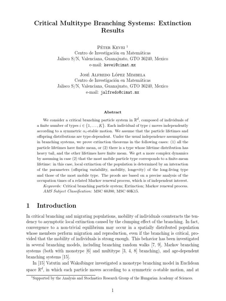 Critical Multitype Branching Systems: Extinction Results | PDF | Markov Chain | Eigenvalues And ...