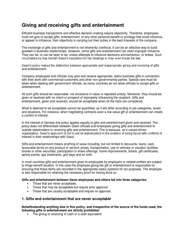 Giving and Receiving Gifts and Entertainment Policy | PDF | Conflict Of ...