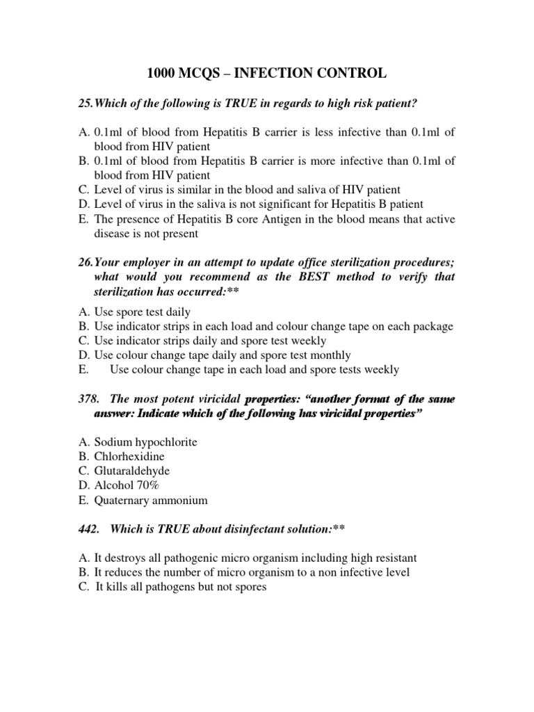 Infection Control MCQs and Answers | PDF | Science & Mathematics