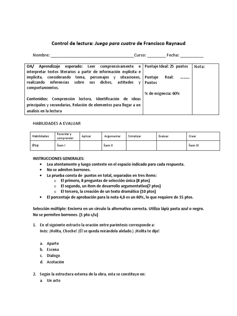 Control de Lectura: Juego para Cuatro | PDF | Comedia | Lectura (proceso)