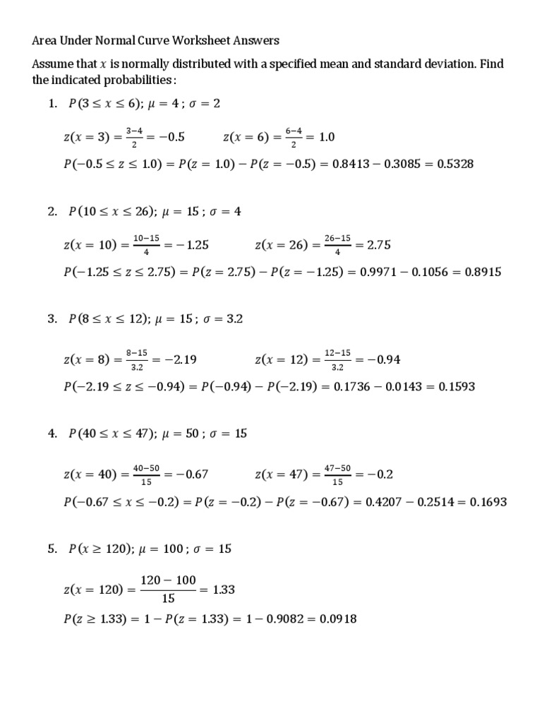 Area Under Normal Curve Worksheet Answers | PDF | Normal Distribution ...