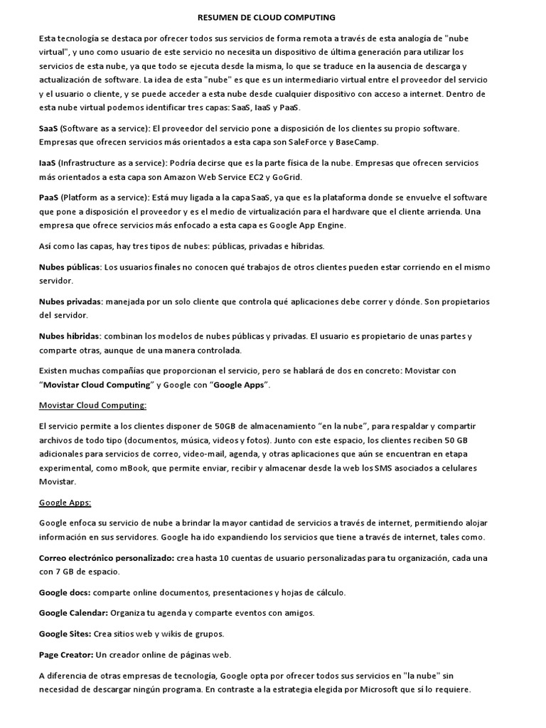 Resumen de Cloud Computing | PDF | Computación en la nube | Tecnología digital