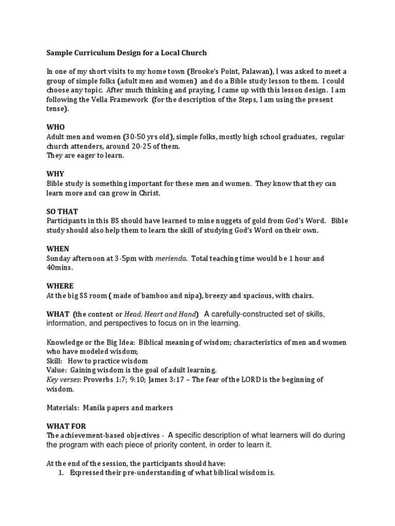 Sample Curriculum Design For A Local Church | PDF | Wisdom | Book Of ...