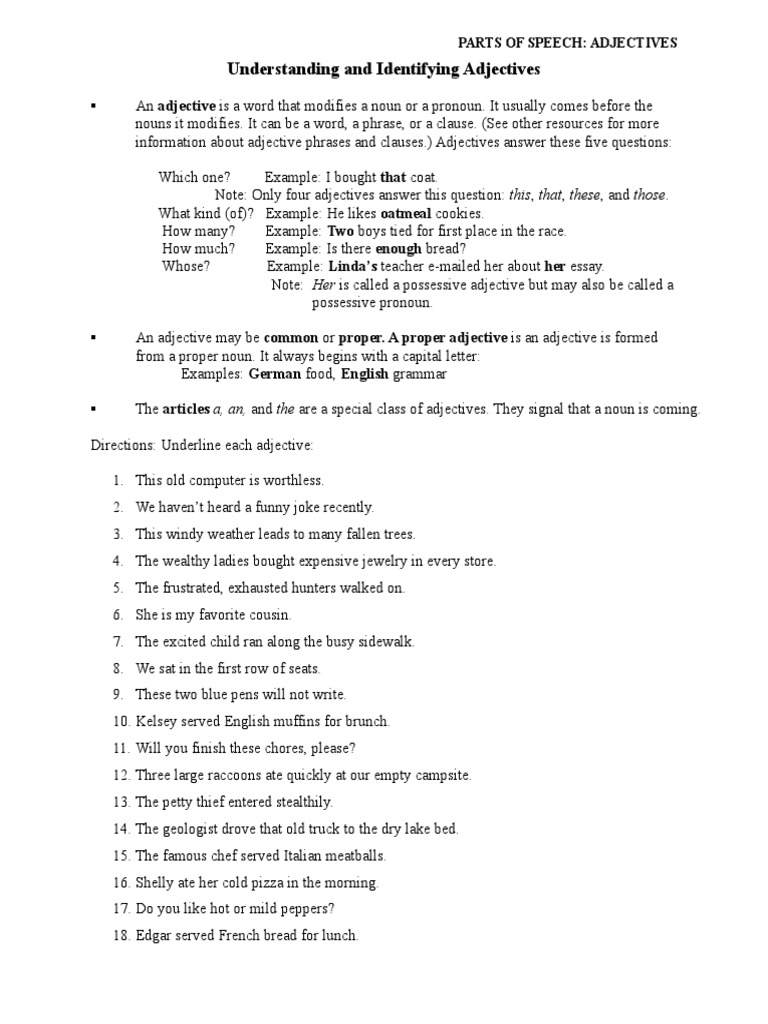 Parts of Speech Adjectives Understanding and Identifying Adjectives ...
