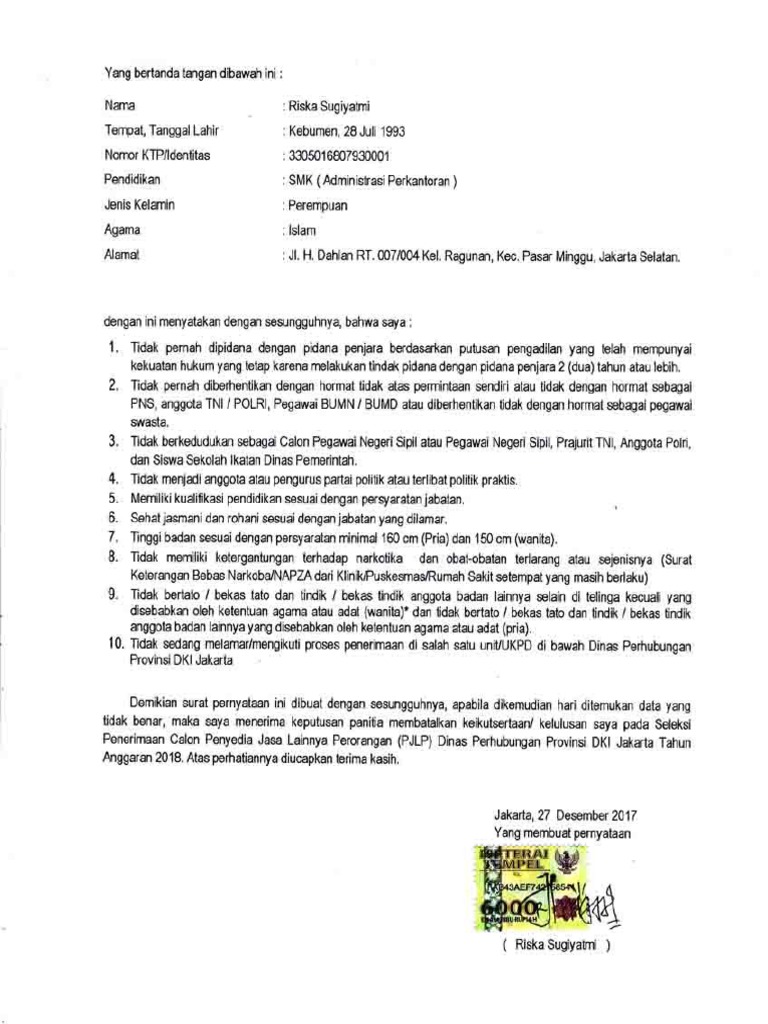 Surat Lamaran Kerja (PJLP) Riska PDF | PDF