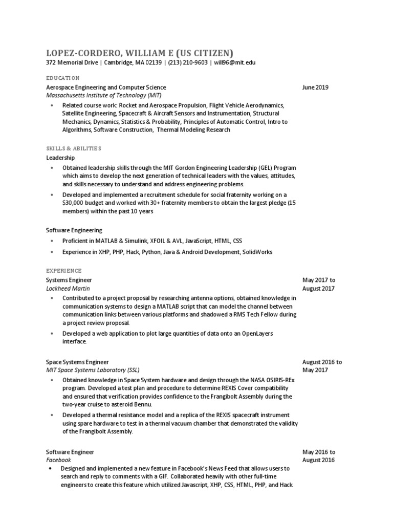 Jan 2018 Resumewilliamlopezcordero | PDF | Massachusetts Institute Of ...