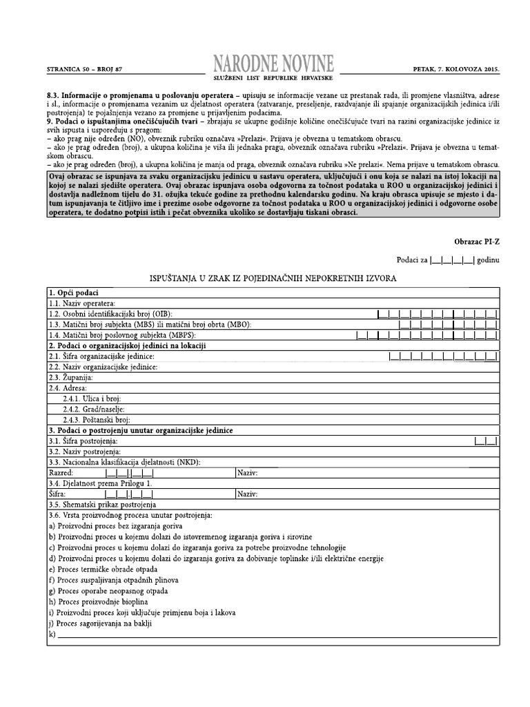 Obrazac PI-Z Ispuštanja U Zrak Iz Pojedinačnih Nepokretnih Izvora | PDF