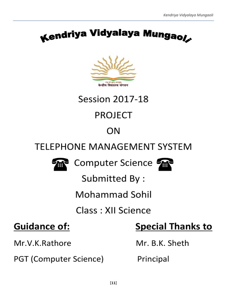 Session 2017-18 Project ON Telephone Management System Computer Science ...