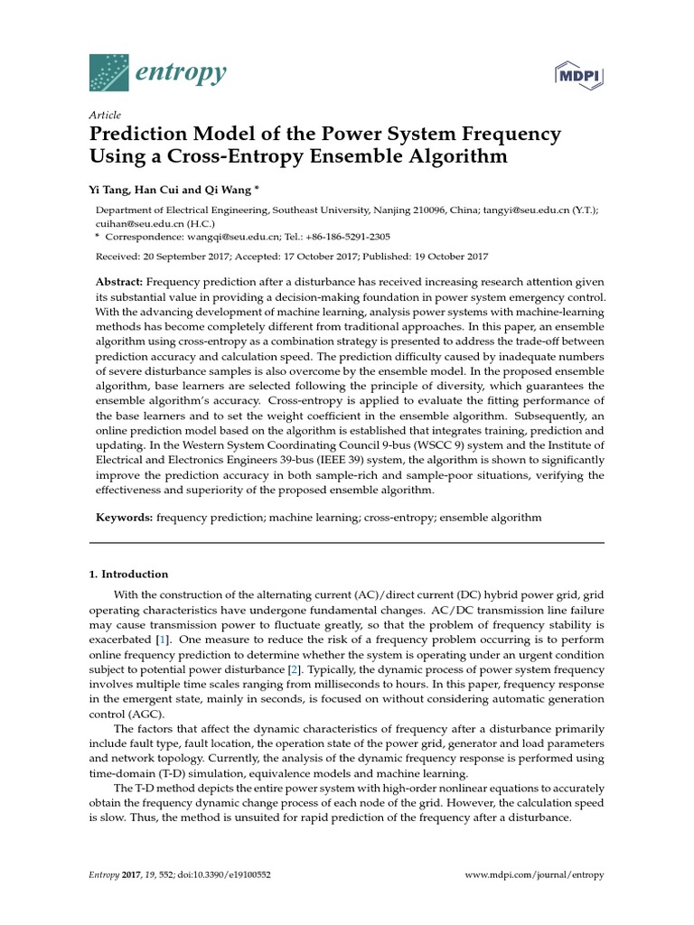 Entropy Prediction Model Of The Power System Frequency Using A Cross Entropy Ensemble Algorithm