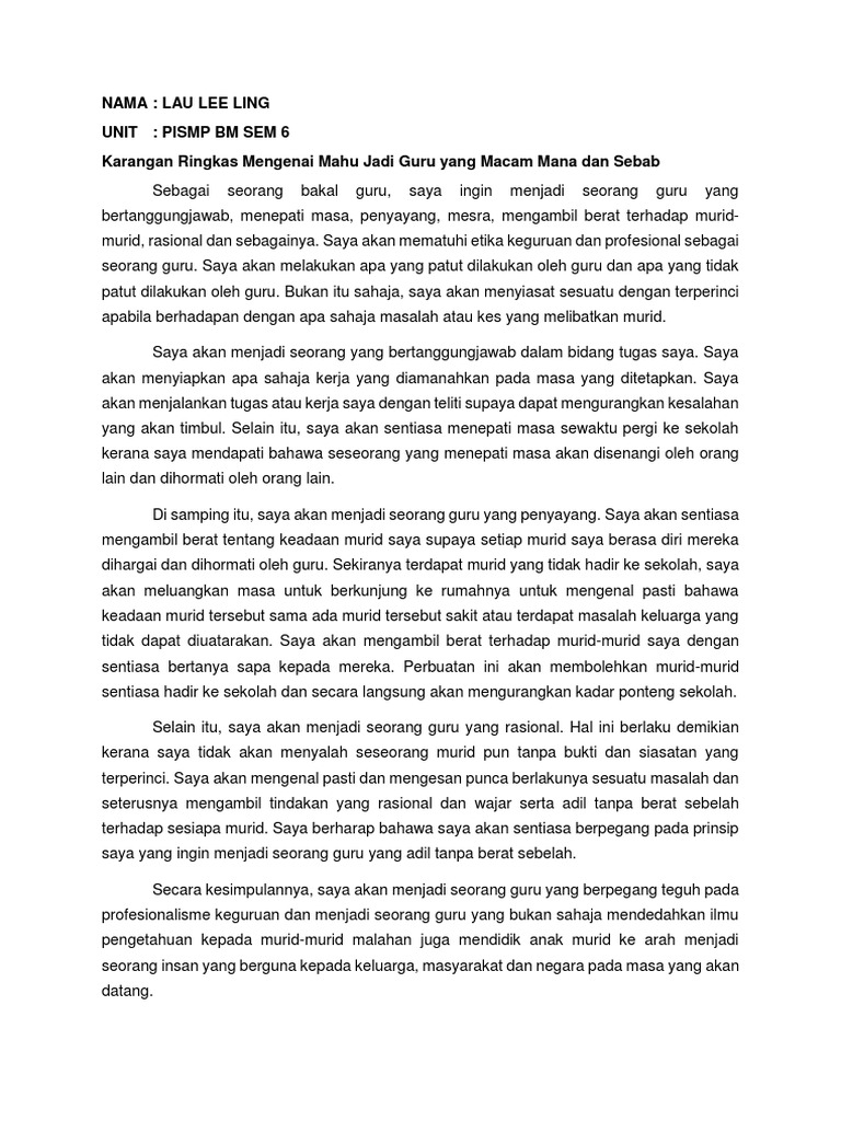 Karangan Ringkas Mengenai Mahu Jadi Guru Macam Mana Dan Sebab | PDF