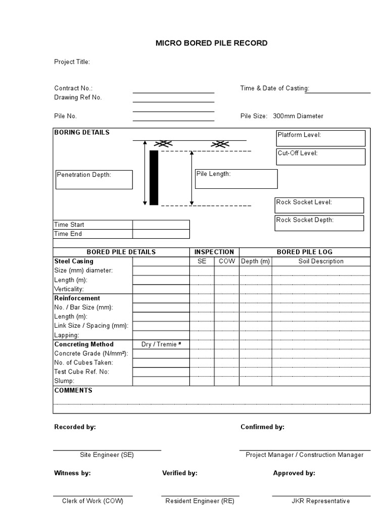 Bored Pile Record Form | Deep Foundation | Civil Engineering