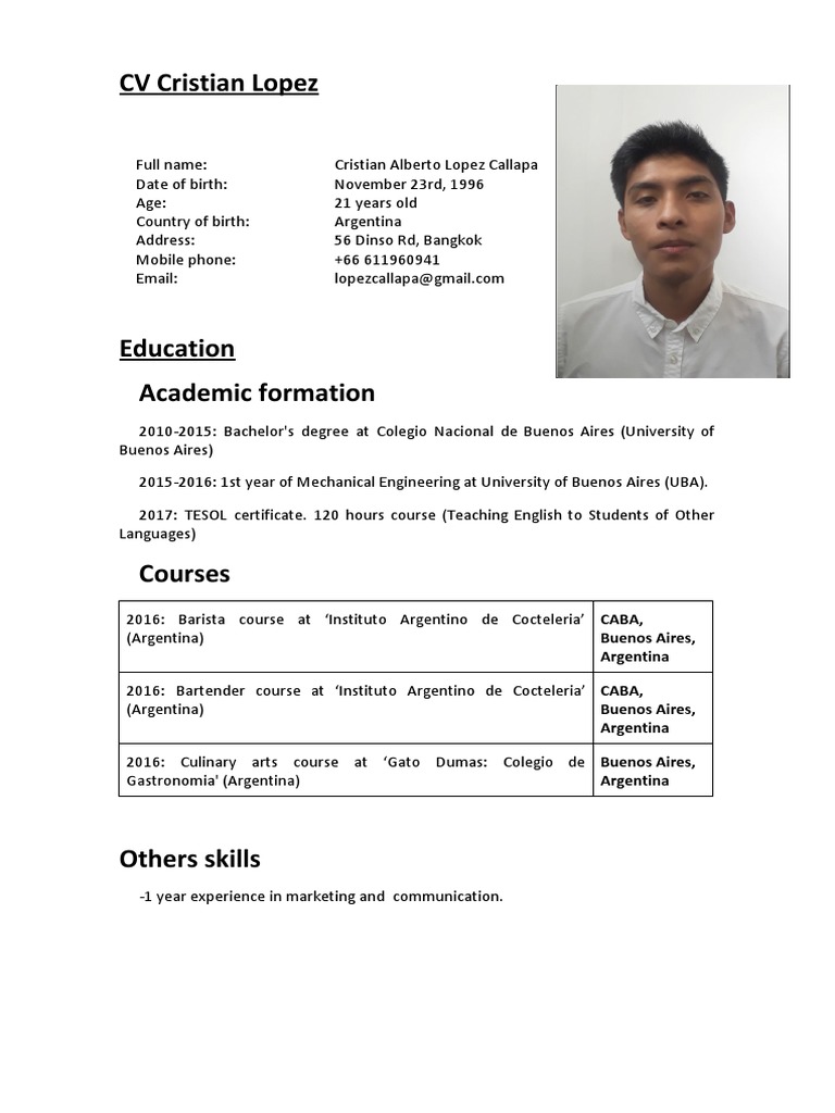 CV Cristian Lopez | PDF | Thailand | Hostel