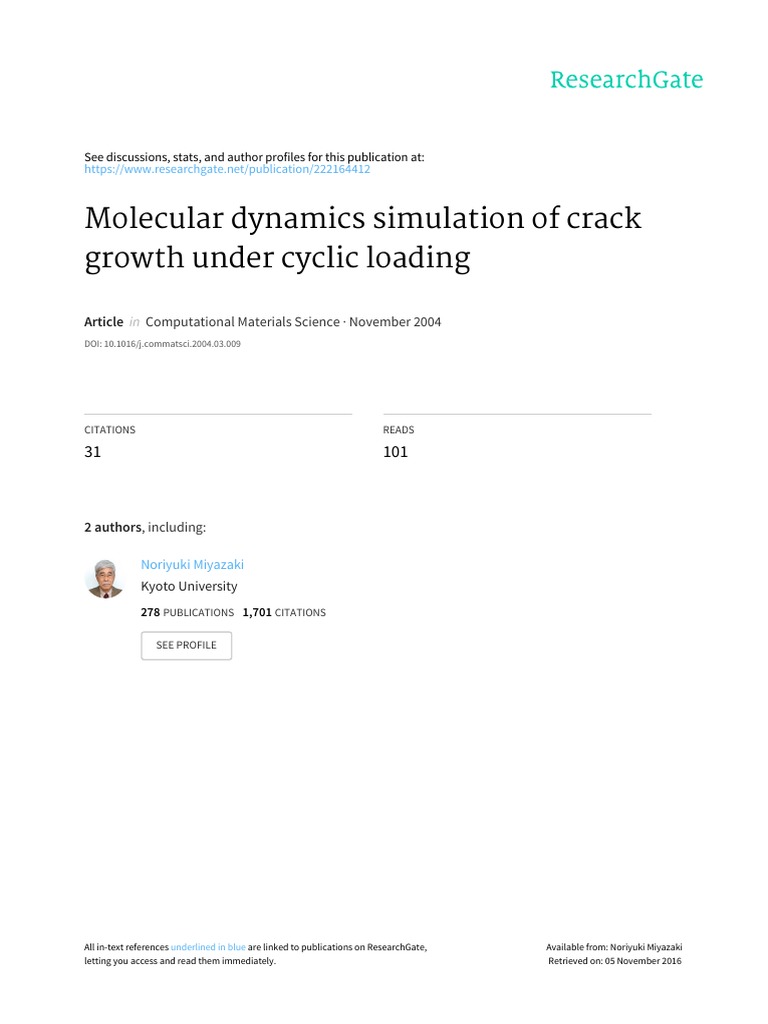 Molecular Dynamics Simulation of Crack Growth Under Cyclic Loading | PDF | Dislocation | Fracture