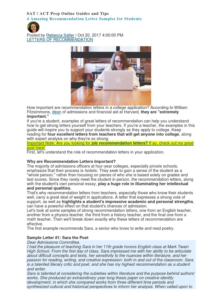 SAT 4 Amazing Recommendation Letter Samples For Students | PDF ...