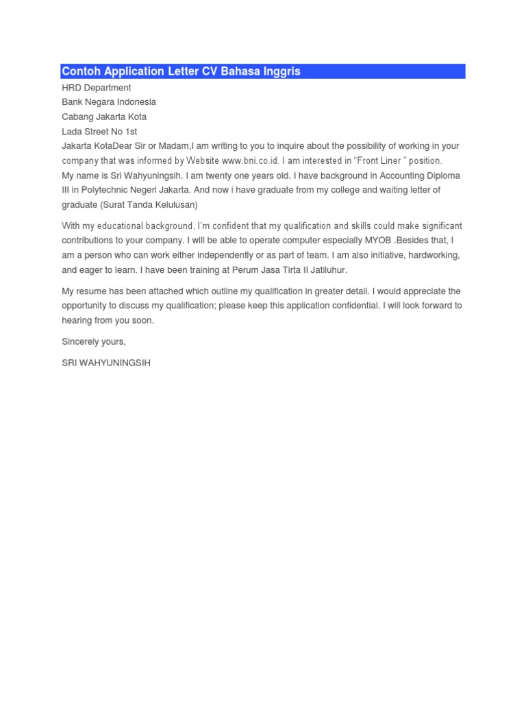 Contoh Application Letter CV Bahasa Inggris | PDF