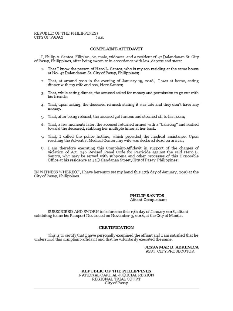 Parricide Complaint | PDF | Prosecutor | Crime & Violence