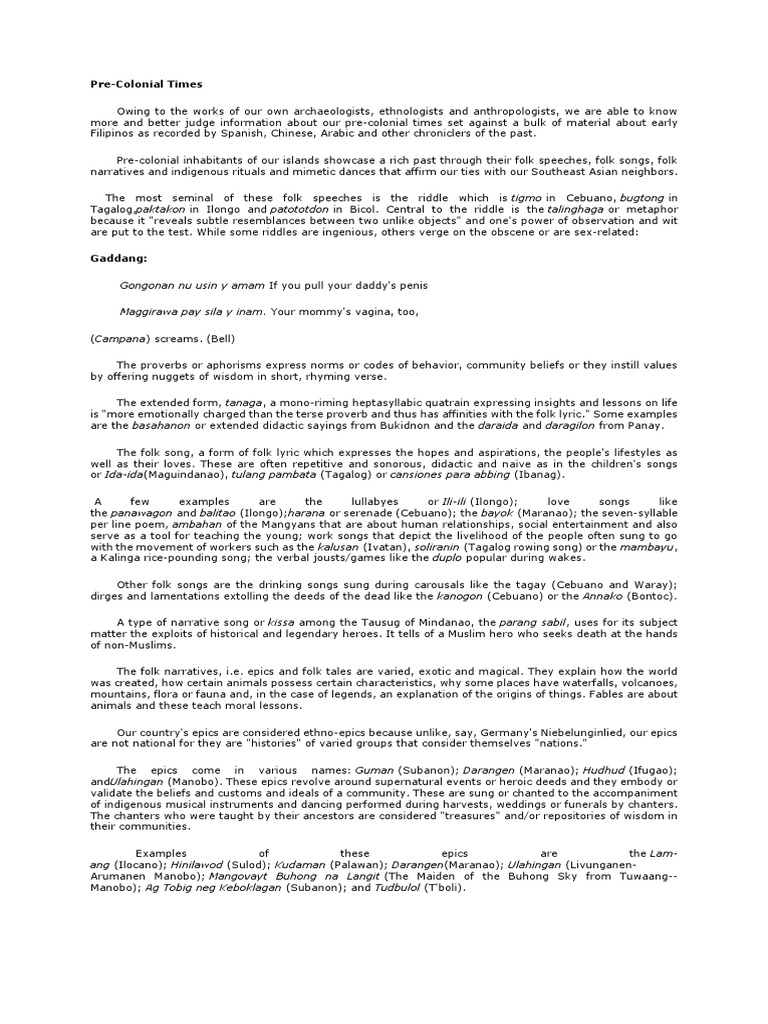 Pre Colonial Literature | PDF | Riddle | Philippines