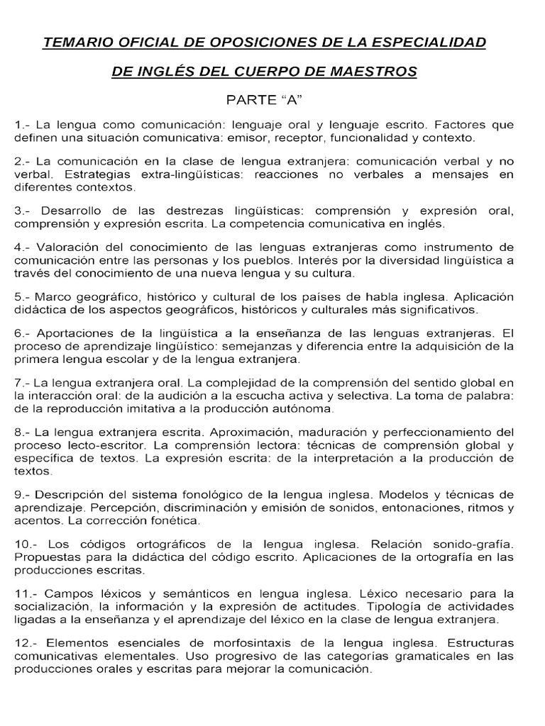 TEMARIO 1 Oposiciones Ingles Primaria España | PDF