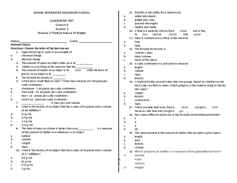 Particle Nature of Matter Quiz | PDF | Density | Volume