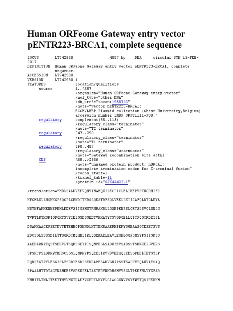 Human ORFeome Gateway Entry Vector PENTR223 | PDF | Plasmid | Molecular ...