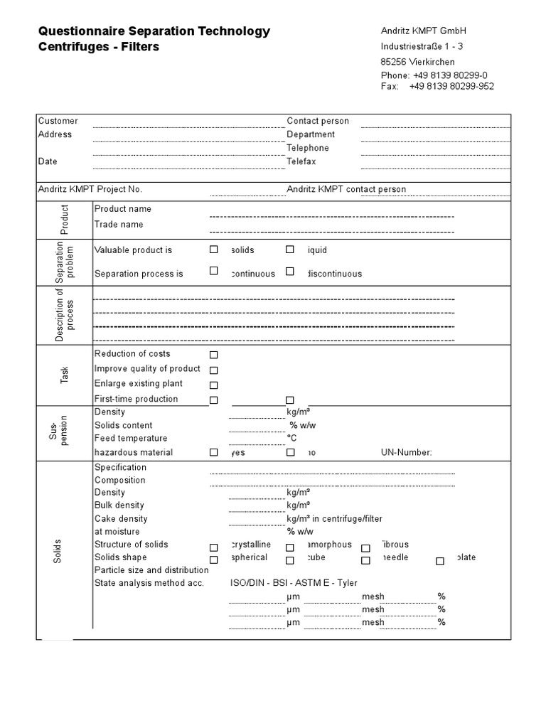Questionnaire Separation Technology Centrifuges - Filters | PDF | Solid | Liquids
