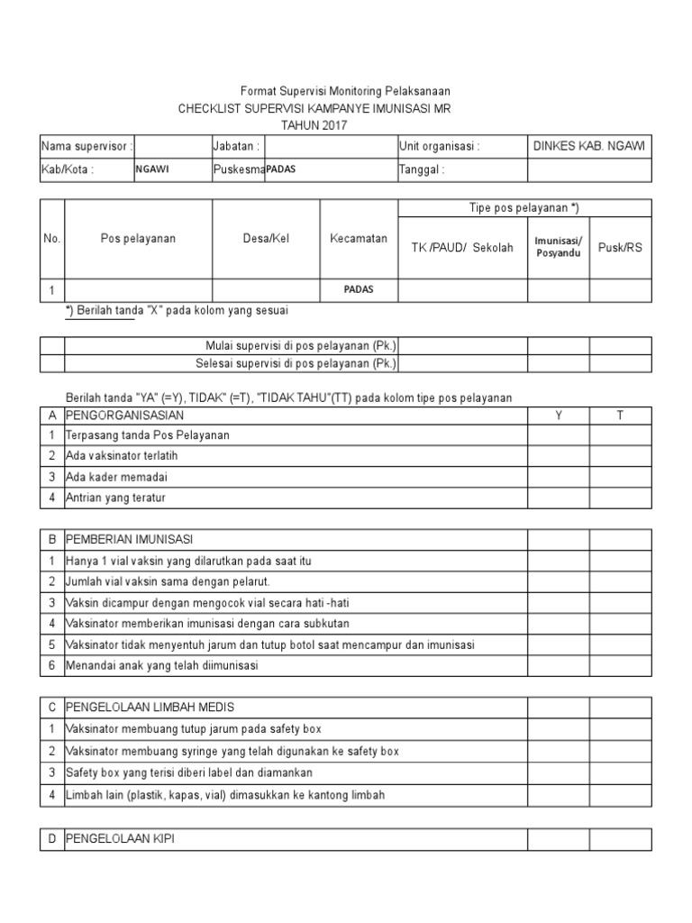 Checklist Supervisi Imunisasi MR | PDF