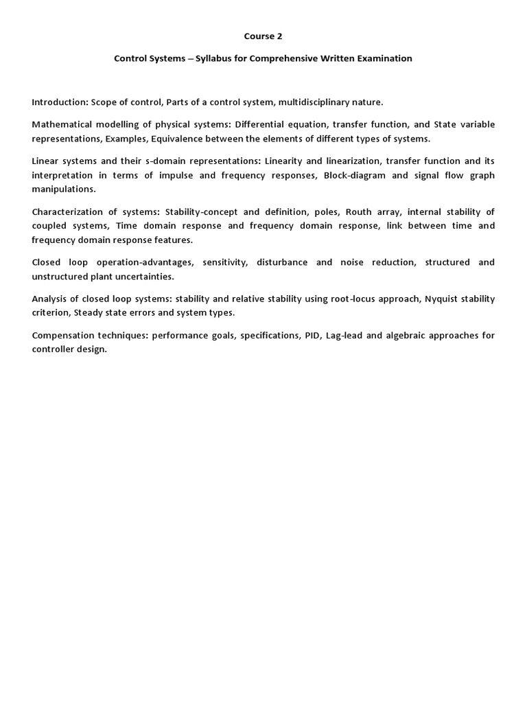 Course 2 Control Systems - Syllabus For Comprehensive Written ...
