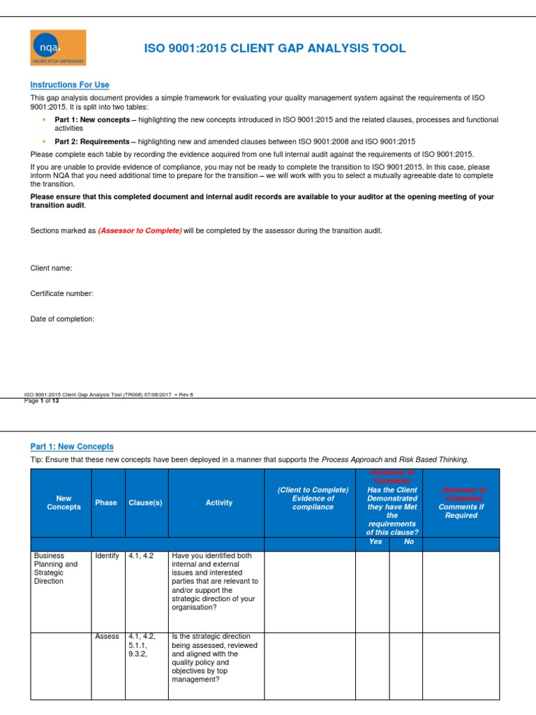TR006 NQA Client Transition Gap Analysis Tool 9001 v6 | PDF | Iso 9000 ...