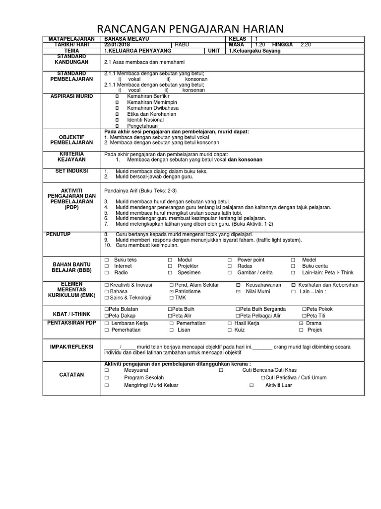 RPH BM Tahun 1 2018 Unit 1 | PDF