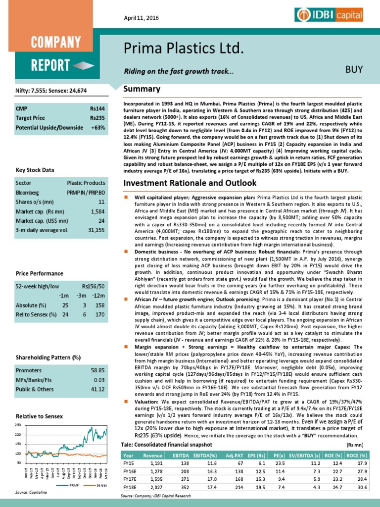 Prima Plastics Initiating Coverage IDBI Capital | PDF | Price–Earnings ...