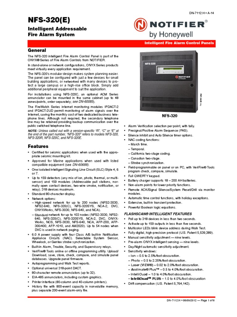 Notifier NFS-320 Datasheet | PDF | Power Supply | Personal Computers