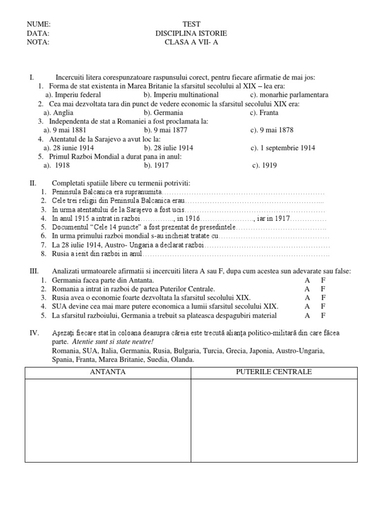 TEST CLASA A VII A | PDF