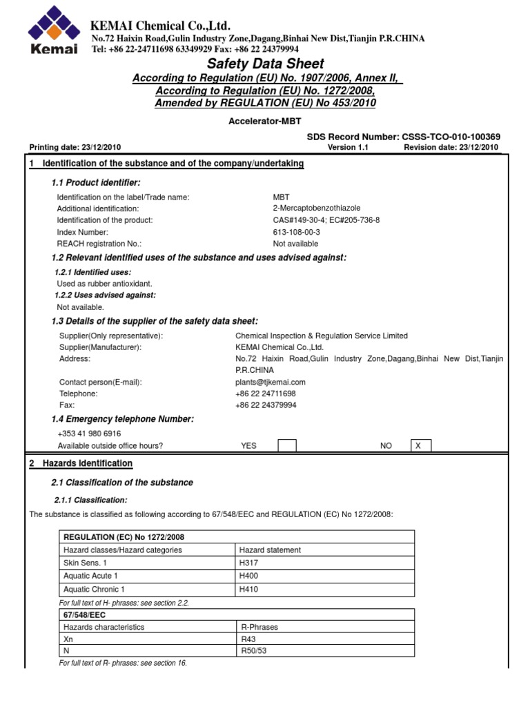 MSDS Accelerator MBT 2-Mercaptobenzothiazole Kemai | PDF | Personal ...